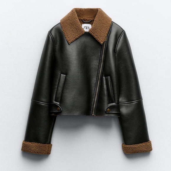 Zara | Jackets & Coats | Zara Faux Shearling Biker Jacket Leather Black ...